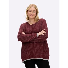 Rundhalspullover sheego "Pullover", Damen, Gr. 40/42, burgund, 96% Polyester, 4% metallisierte Fasern, unifarben, Pullover