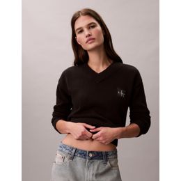 V-Ausschnitt-Pullover Calvin Klein Jeans, Damen, Gr. S (38), schwarz, Strick, Obermaterial: 100% Baumwolle, unifarben, Basic taillenlang, V-Ausschnitt, B&uuml;ndchen, Pullover, Feinstrick, taillenlang