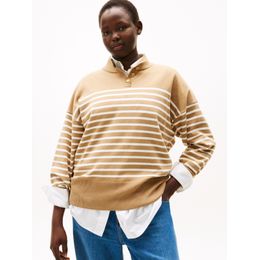 Stehkragenpullover Tommy Hilfiger Curve "CRV CO JERSEY GOLD BTN MK-NK SWT", Damen, Gr. 46, placed thin beige stp sweaters, Strick, Obermaterial: 75% Baumwolle, 25% Polyamid, gestreift, Bündchen, Pullover, in großen Größen, mit goldfarbenen Knöpfen