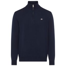 Stehkragenpullover Gant "COTTON/WOLL HALF ZIP", Herren, Gr. L, evening blau, Strick, Obermaterial: 70% Baumwolle, 30% Wolle, normal, Rippbündchen, Pullover, mit Rippstrick-Details, normale Passform