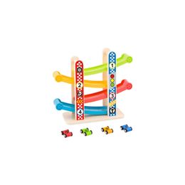 Tooky Toy Holzturm-Rennbahn TY840 klein, Rutschturm auf 4 Ebenen, 4 Rennautos bunt