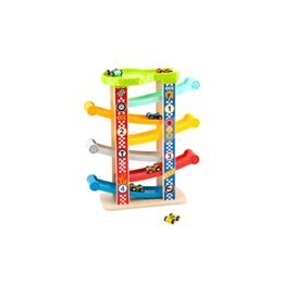 Tooky Toy Holzturm-Rennbahn TY841 Rutschturm auf 7 Ebenen, 6 Rennautos bunt