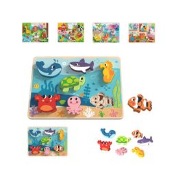 Tooky Toy 3D Kinder Holz-Puzzle Tiere, 8-teiliges Steckpuzzle, ab 12 Monaten dunkelblau