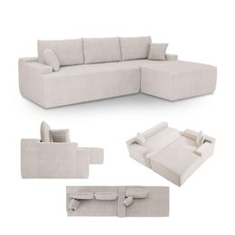 Juskys Sofa Coredo Rechts - Ecksofa 3 Sitzer, Couch in L Form mit Ottomane - Cord in Beige
