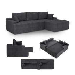 Juskys Sofa Coredo Rechts - Ecksofa 3 Sitzer, Couch in L Form mit Ottomane - Cord in Dunkelgrau