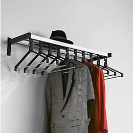 Wandgarderobe – Aluminiumprofile silbermatt eloxiert, Stützen tiefschwarz (RAL 9005) epoxidbeschichtet, Hutablage, Kleiderstange, 10 Einzelhaken