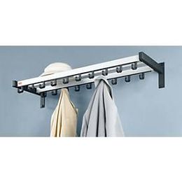 Wandgarderobe – 19 Einzelhaken + Hutablage, Profile Aluminium silbermatt eloxiert, Stützen schwarz (RAL 9005) epoxidbeschichtet, Haken/Abdeckungen Kunststoff schwarz, Maße H 160 × B 1000 × T 330 mm
