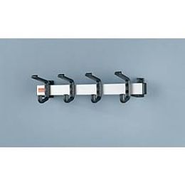 Wandgarderobe – Aluminiumprofil silbermatt eloxiert, Stützen schwarz (RAL 9005) epoxidbeschichtet, Haken Kunststoff schwarz, 4 Hut- und 4 Mantelhaken, Maße H 90 × B 400 × T 120 mm