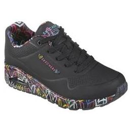 Wedgesneaker Skechers "UNO-LOVING LOVE", Damen, Gr. 37, bunt (schwarz, bunt), Lederimitat, sportlich, Schuhe, Freizeitschuh, Halbschuh, Schnürschuh mit coolem Graffiti-Print, Topseller