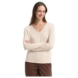 V-Ausschnitt-Pullover Tom Tailor, Damen, Gr. XXL (44), beige (hellbeige, meliert), Feinstrick, Obermaterial: 60% Baumwolle, 40% Viskose, unifarben, casual, figurbetont hüftlang, V-Ausschnitt, Langarm eng Flachstrickbündchen, Pullover, aus Feinstrick