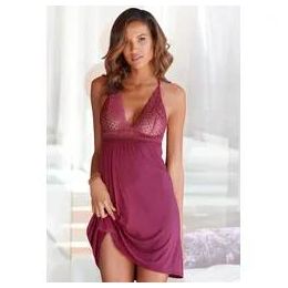 Negligé Lascana, Damen, Gr. 32/34, N-Gr, rot (bordeaux), Single Jersey, Obermaterial: 100% Viskose, unifarben, figurbetont mini, tiefer V-Ausschnitt, Kleider, mit transparenter Spitze