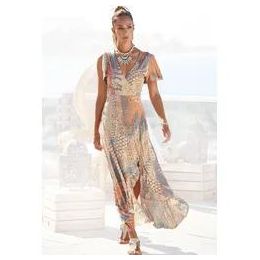 Maxikleid Buffalo, Damen, Gr. 38, N-Gr, bunt (orange, blau, bedruckt), Jersey, Obermaterial: 100% Viskose, animal-print, Modisch, figurbetont, V-Ausschnitt, Kleider, mit Animalprint, Schlitz und Volant, Flügelärmel, Druckkleid