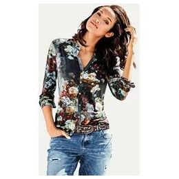 Blusenshirt Heine "Shirtbluse", Damen, Gr. 42, blau (dunkelblau), 95% Viskose, 5% Elasthan, geblümt, gemustert, V-Ausschnitt, Shirts