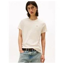 T-Shirt Tommy Jeans "TJM ESSENTIAL SOLID TEE", Herren, Gr. M, beige (desert sand dune), Jersey, Obermaterial: 100% Baumwolle, Basic, slim fit normal, Rundhals, eingesetzt abgesteppte Kante, Shirts, mit Rundhalsausschnitt und dezenter Logo-Flag