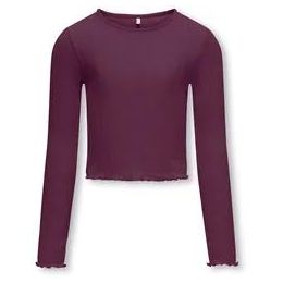Langarmshirt KIDS Only "KOGNELLA L/S O-NECK TOP JRS NOOS", Mädchen, Gr. 122/128, lila (mauve wine), Jersey, Obermaterial: 65% Polyester, 30% Viskose, 5% Elasthan, unifarben, regular fit kurz, Rundhals, gewellter Abschluss, Shirts, in kurzer Form und mit süßen Wellenkanten am Saum