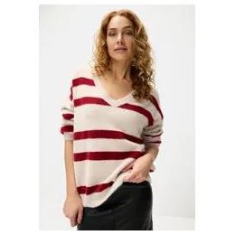 Streifenpullover Lascana "Amira", Damen, Gr. 32/34, sand, bordeaux, Strick, Obermaterial: 50% Polyamid, 30% Viskose, 20% Polyester, gestreift, Modisch, figurumspielend hüftlang, V-Ausschnitt, Pullover, aus kuschelweichem Strick, V-Ausschnitt, Streifenoptik, modisch