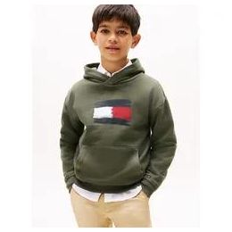 Kapuzensweatshirt Tommy Hilfiger "FLAG HOODIE", Jungen, Gr. 14 (164), pewter grün, Sweatware, Obermaterial: 80% Baumwolle, 20% Polyester, unifarben, Casual, regular fit normal, Rundhals, eingesetzt Rippbündchen, Sweatshirts, Kinder bis 16 Jahre