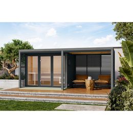 Karibu Saunahaus 'Aressa 3' anthrazit / graualuminium mit Anbaudach, Ofen 9 kW Bio externe Steuerung 537,5 x 231,5 x 276 cm