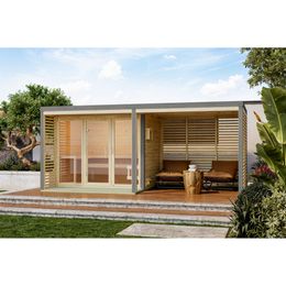 Karibu Saunahaus 'Aressa 3' naturbelassen / graualuminium mit Anbaudach, Ofen 9 kW externe Steuerung 537,5 x 231,5 x 276 cm