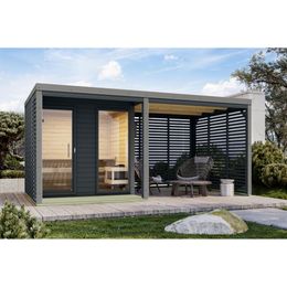 Karibu Saunahaus 'Aressa 2' anthrazit / graualuminium mit Anbaudach, Ofen 9 kW Bio externe Steuerung 492 x 231,5 x 276 cm