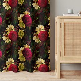 Vorhang Weiße Blüten mit Roten Rosen - blickdichte Gardine Botanik Tropical Illustration Muster Wohnzimmer Schlafzimmer Küche Bad Badezimmer Rot