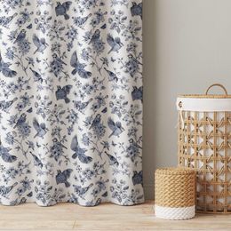 Vorhang Blaumeisen in Blauschwarz - blickdichte Gardine Landhausstil Muster Blumen Floral Tiere Wohnzimmer Schlafzimmer Küche Bad Badezimmer Blau