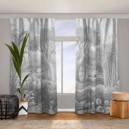 Vorhang Tropischer Kupferstich Garten mit Teich in Grau - blickdichte Gardine Wald Bäume Botanik Tropical Illustration Natur Vintage Wohnzimmer