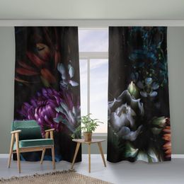 Vorhang Prachtvoller Blumenstrauß - blickdichte Gardine Blumen Floral Wohnzimmer Schlafzimmer Küche Bad Badezimmer Schwarz