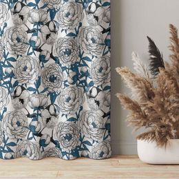 Vorhang Pfingstrosen und Meisen in Weiß und Blau - blickdichte Gardine Blumen Floral Illustration Muster Tiere Wohnzimmer Schlafzimmer Küche Bad