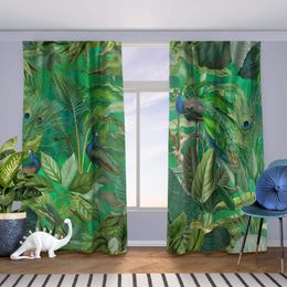 Vorhang Pfauen im Dschungel - blickdichte Gardine Botanik Tropical Tiere Wohnzimmer Schlafzimmer Küche Bad Badezimmer Grün