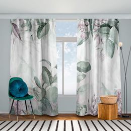 Vorhang Botanik in Pastell Grün & Rosa - blickdichte Gardine Aquarell Blumen Floral Botanik Tropical Kunstdruck Wohnzimmer Schlafzimmer Küche Bad