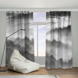 Vorhang Nebel bei Sonnenuntergang Schwarz Weiß - blickdichte Gardine Wald Bäume Natur Schwarz-Weiß Wohnzimmer Schlafzimmer Küche Bad Badezimmer