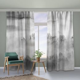 Vorhang Nebel bei Sonnenaufgang Schwarz Weiß - blickdichte Gardine Wald Bäume Natur Schwarz-Weiß Wohnzimmer Schlafzimmer Küche Bad Badezimmer