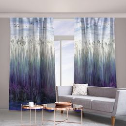Vorhang Flussschilf vor Berglandschaft in blau - blickdichte Gardine Botanik Tropical Kunstdruck Natur Vintage Skyline Stadt Wohnzimmer Schlafzimmer