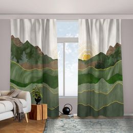 Vorhang Grafische Landschaft mit Sonne - blickdichte Gardine Abstrakt Wald Bäume Natur Wohnzimmer Schlafzimmer Küche Bad Badezimmer Grün