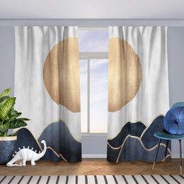 Vorhang Goldene Sonne blaue Wellen - blickdichte Gardine Abstrakt Aquarell Kunstdruck Wohnzimmer Schlafzimmer Küche Bad Badezimmer Gold