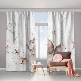 Vorhang Aquarell Waldtierfreunde - blickdichte Gardine Aquarell Wald B&auml;ume Kinder Kunstdruck Natur Kinderzimmer Baby Babyzimmer M&auml;dchen M&auml;dchenzimmer