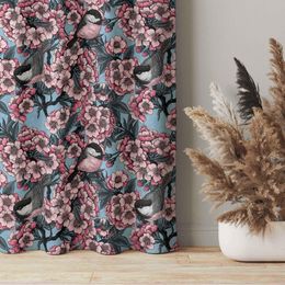 Vorhang Kirschblüten und Vögel - blickdichte Gardine Blumen Floral Illustration Muster Tiere Wohnzimmer Schlafzimmer Küche Bad Badezimmer Blau