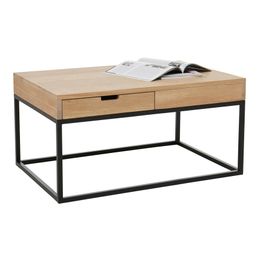 Couchtisch Home Affaire "Rava", beige (natur, schwarz), B:90cm H:45cm T:60cm, Tische, Couchtisch Holz-Couchtische Eckige Couchtische, aus Eichenholz, FSC zertifiziert, mit 2 Schubladen, Metallgestell