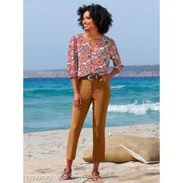 Druckbluse Heine, Damen, Gr. 38, bunt (orange, blaugr&uuml;n, bedruckt), 100% Viskose, bedruckt, gebl&uuml;mt, gemustert, mehrfarbig, Rundhals, Blusen Druckbluse