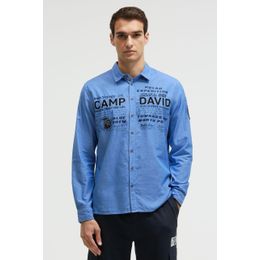 Langarmhemd CAMP DAVID, Herren, Gr. XXL, Normalgrößen, blau, Material: 100% Baumwolle, Strukturmuster, bedruckt, bestickt, regular fit normal, 1-Knopf-Manschette, Hemden, aus Baumwolle