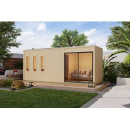 Saunahaus Karibu ""Montana" naturbelassen", beige (naturbelassen), Saunaofen, externe Steuerung, 400 kW, Saunen, aus hochwertiger nordischer Fichte