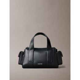 Henkeltasche Calvin Klein "WEBBING STRAP POCKET BAG", Damen, Gr. B/H/T: 30cm x 15cm x 7,5cm, schwarz, old silber, Lederimitat, Taschen, Schultertasche, Umhängetasche, Handtasche Damen