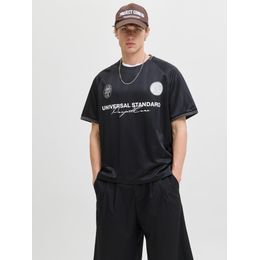 Jack & Jones Trainingsshirt JACK & JONES "JCOCOVER RETRO FOOTBALL TEE SS LN", Herren, Gr. L, schwarz, Jersey, Obermaterial: 100% Polyester, bedruckt, relaxed fit, Rundhals, Shirts