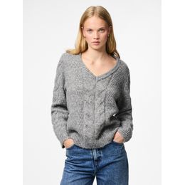 Strickpullover Pieces "PCNINA LS V-NECK KNIT NOOS BC", Damen, Gr. M, grau (medium grau melange), Strick, Obermaterial: 82% Polyester, 14% Polyacryl, 4% Wolle, unifarben, regular fit hüftbedeckend, V-Ausschnitt, Rippstrickbündchen, Pullover