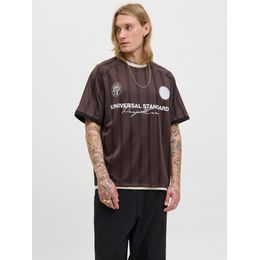 Jack & Jones Trainingsshirt JACK & JONES "JCOCOVER RETRO FOOTBALL TEE SS LN", Herren, Gr. M, braun (seal braun), Jersey, Obermaterial: 100% Polyester, bedruckt, relaxed fit, Rundhals, Shirts
