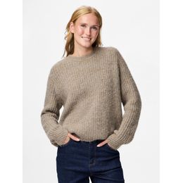 Strickpullover Pieces "PCCLEO LS O-NECK CHUNKY KNIT NOOS BC", Damen, Gr. L, greige detail:melange, Strick, Obermaterial: 76% Polyester, 16% Nylon, 6% Wolle, 2% Elasthan, meliert, relaxed fit hüftlang, Rundhals, Rippbündchen, Pullover