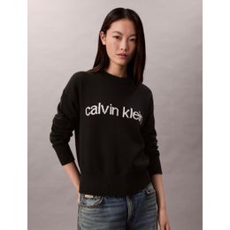 Strickpullover Calvin Klein Jeans "Cotton Graphic Pullover", Damen, Gr. M (40), schwarz, Strick, Obermaterial: 100% Baumwolle, Feminin, klassisch, Rundhals, Pullover, Mit Rundhalsausschnitt