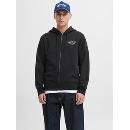 Jack & Jones Kapuzensweatjacke JACK & JONES "JJMAKOTO SWEAT ZIP HOOD", Herren, Gr. XS, schwarz, angeraute Sweatware, Obermaterial: 80% Baumwolle, 20% Polyester, bedruckt, regular fit, Rippb&uuml;ndchen, Sweatjacken
