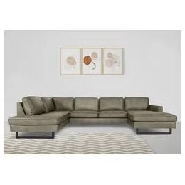 Wohnlandschaft Places of Style "Pinto, 350 cm, U-Form, XXL, mit Ottomanen", beige, B:350cm H:85cm T:206cm, Luxus-Microfaser in Lederoptik (100% Polyester), Cord (92% Polyester, 8% Polyamide), Sofas, Cord, Chenille, Lederoptik, mit Keder, Metallfüße, Wellenunterfederung